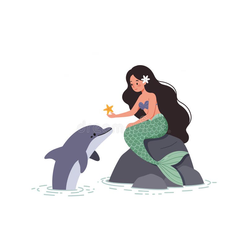 Mermaid Interacting with Dolphin on Rock in Flat Vector Art Stock ...