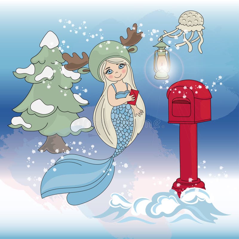 Mermaid Mail New Year Color Vector Illustration Set Stock Illustration
