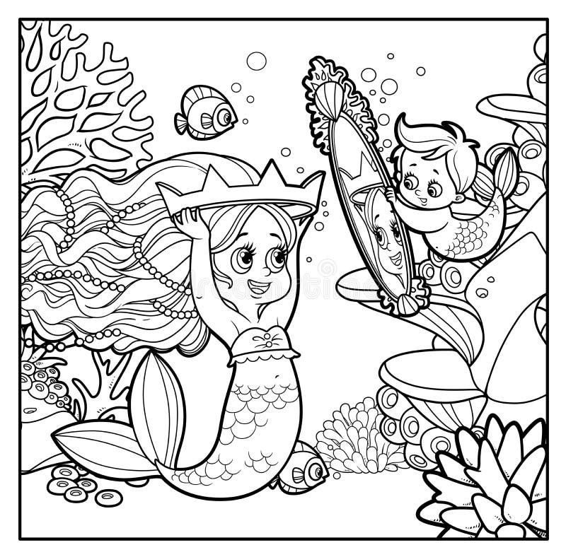 Mermaid Measures the Crown in Front of the Mirror Held by the Child ...