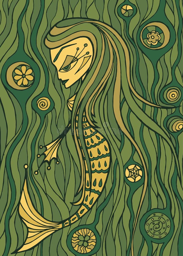 Mermaid Mythical Creature Drawing in Shades of Green Stock Vector ...