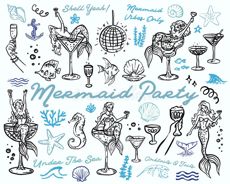 Whimsical Style Mermaid Party Hand Drawn Elements Vector Set Stock ...