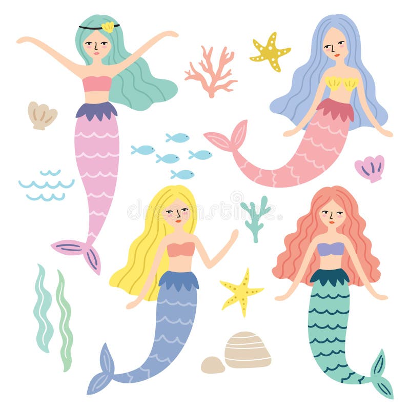 Mermaid Princess Vector Set Stock Vector - Illustration of happy, rock ...