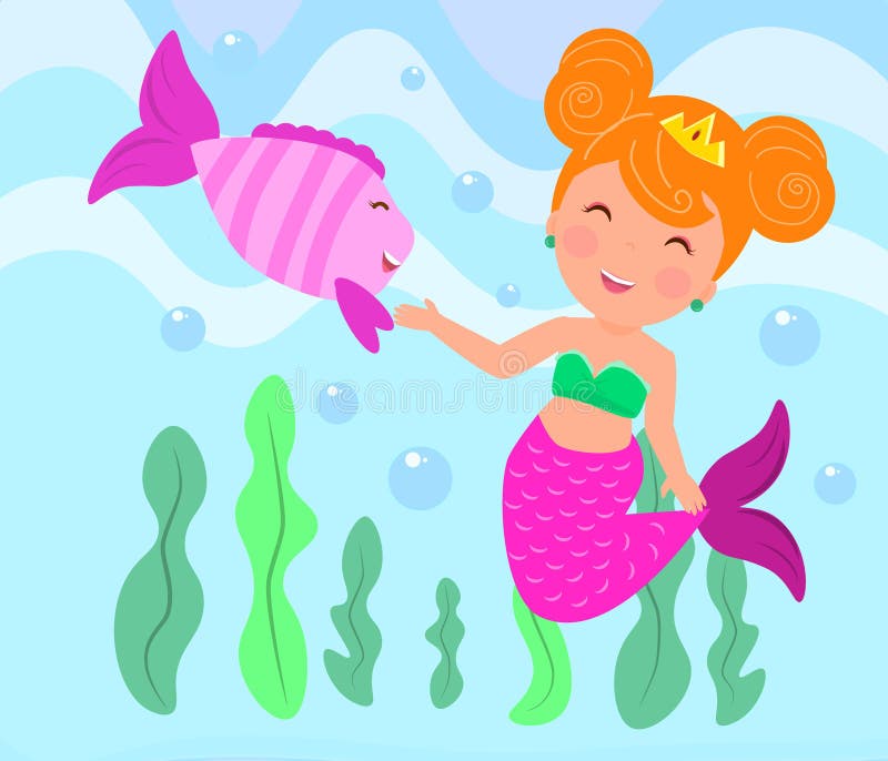 Mermaid Playing with Fish Under the Sea. Stock Photo - Illustration of ...