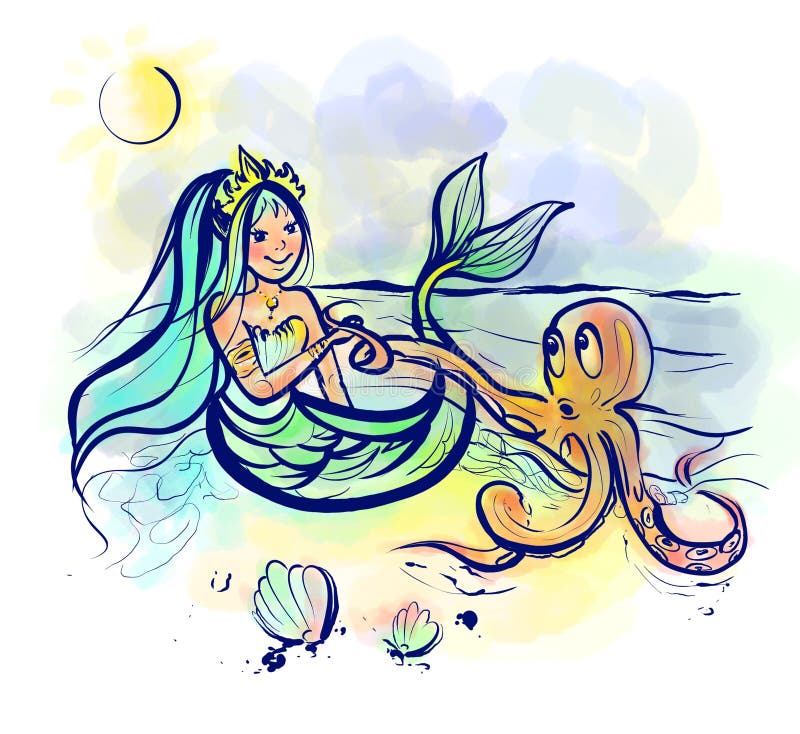 Mermaid Playing with Octopus. Stock Illustration - Illustration of ...