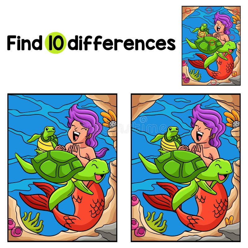 Mermaid Playing with a Turtle Find the Differences Stock Vector - Illustration of magical, swim ...