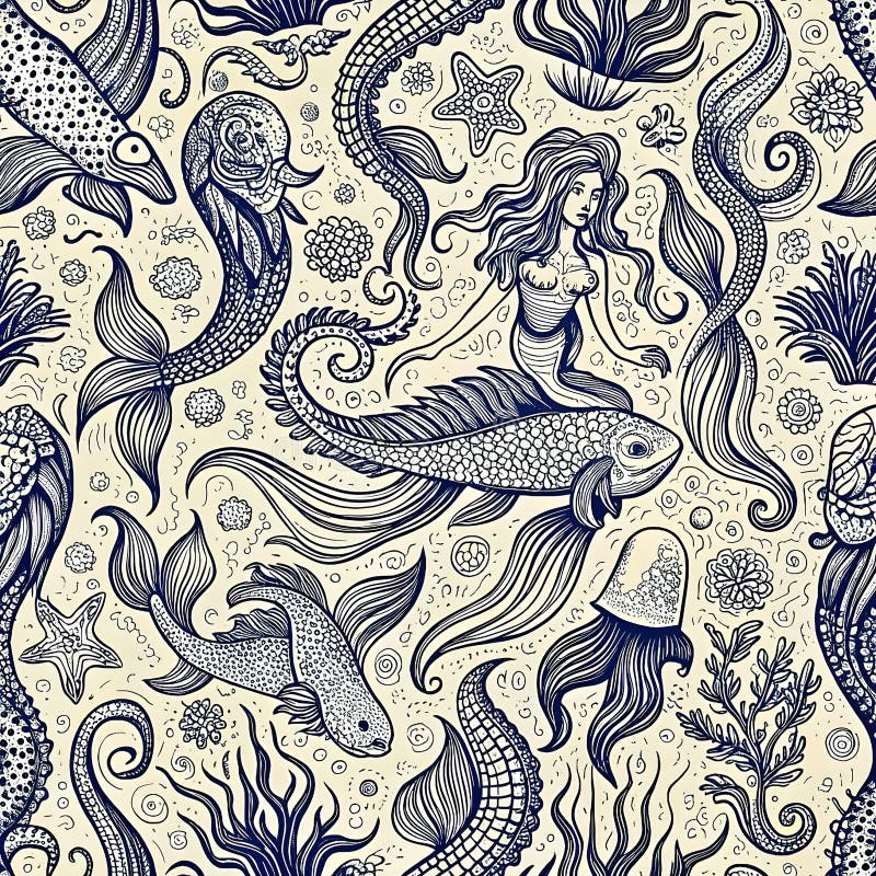 Mermaid and Sea Creatures Pattern Illustration Stock Illustration ...