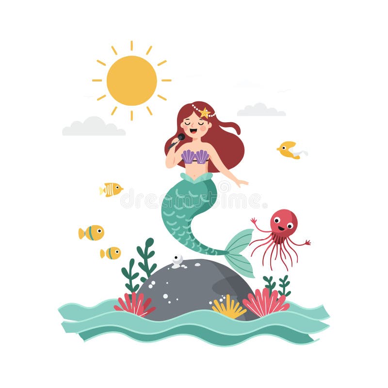 Mermaid Singing Joyfully by the Sea with Fish and Octopus Vector ...