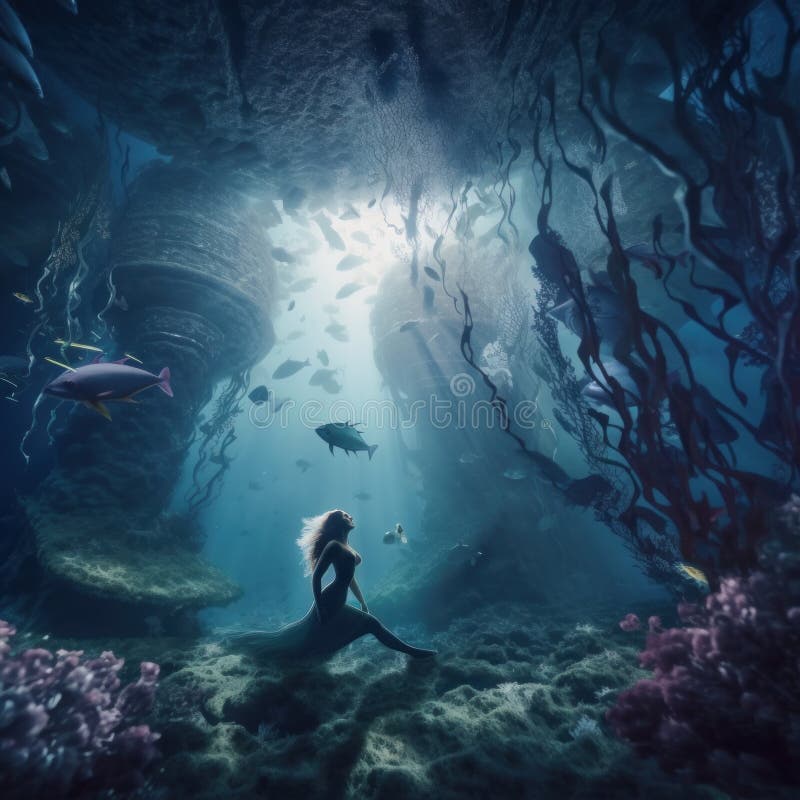 A Mermaid Sitting on a Rock in the Ocean. Generative AI Image. Stock ...