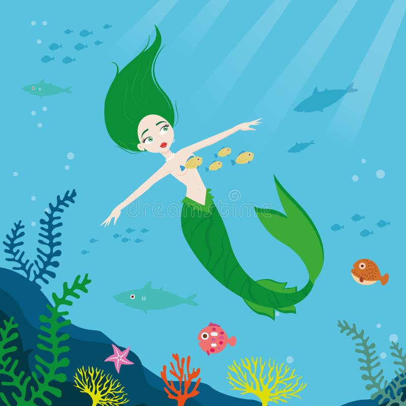 Mermaid Swims Underwater at the Bottom of the Sea Stock Vector ...