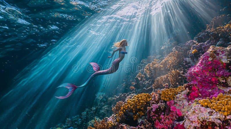 A Mermaid Swims through a Vibrant Coral Reef, Sunlight Streams Down ...