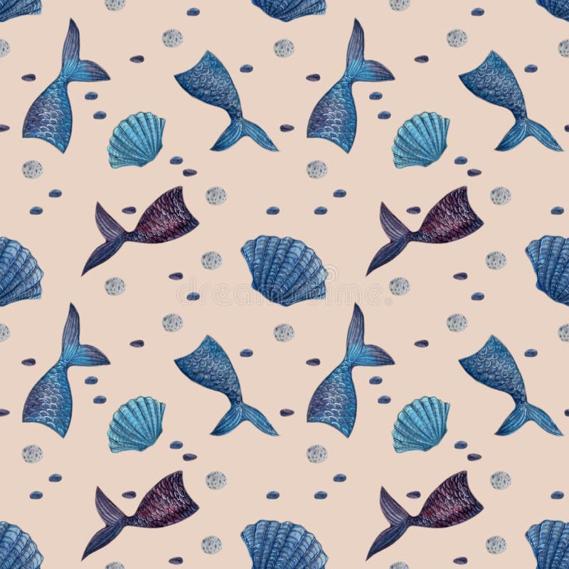 Mermaid Tails and Shells Pattern Stock Image - Image of nature, seaweed ...