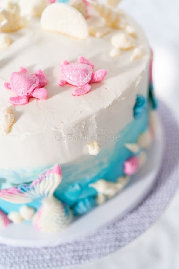 Mermaid Themed 3 Layer Vanilla Cake Stock Image - Image of cake ...