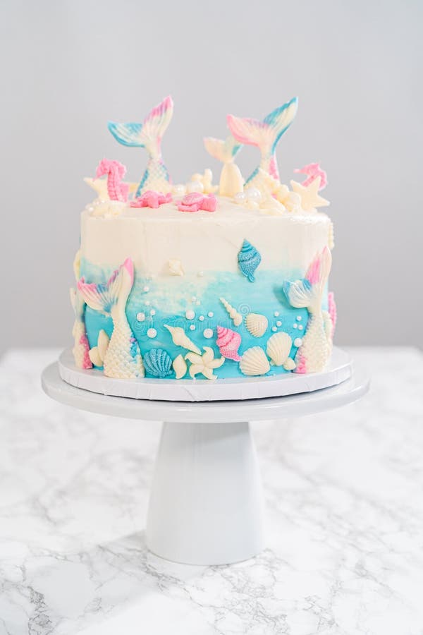 Mermaid Themed 3 Layer Vanilla Cake Stock Photo - Image of seashell ...