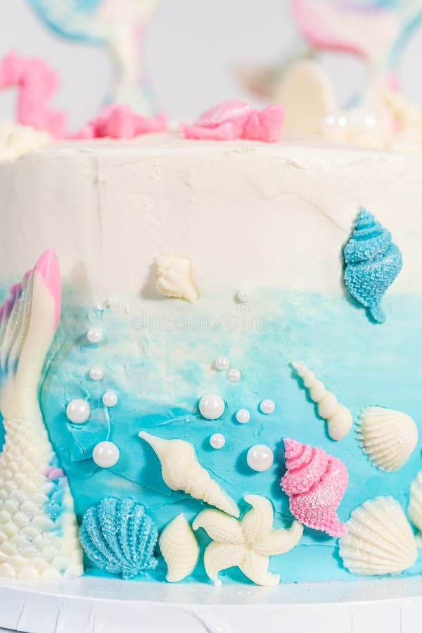 Mermaid Themed 3 Layer Vanilla Cake Stock Photo - Image of dessert ...