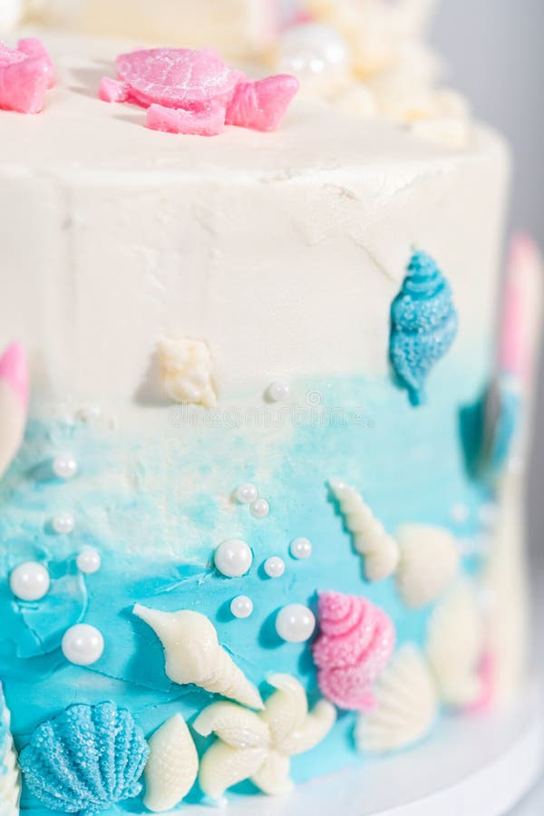 Mermaid Themed 3 Layer Vanilla Cake Stock Image - Image of shell ...