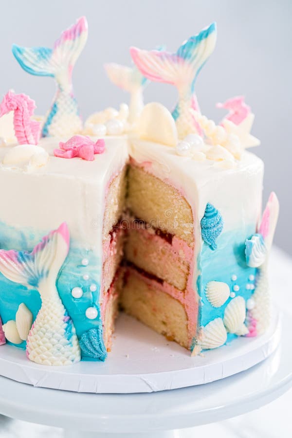 Mermaid Themed 3 Layer Vanilla Cake Stock Photo - Image of shell ...