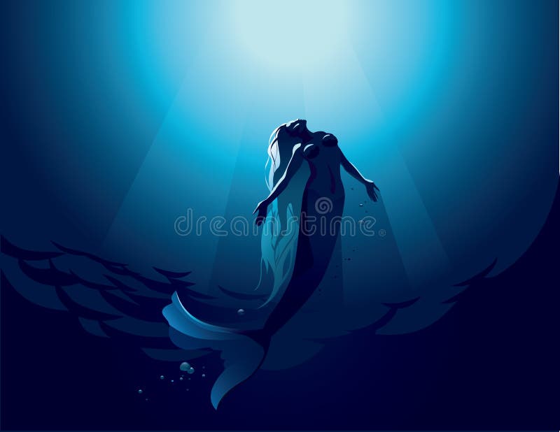 Beautiful Fantasy Sea Mermaid With Ship At Sunset Background Stock