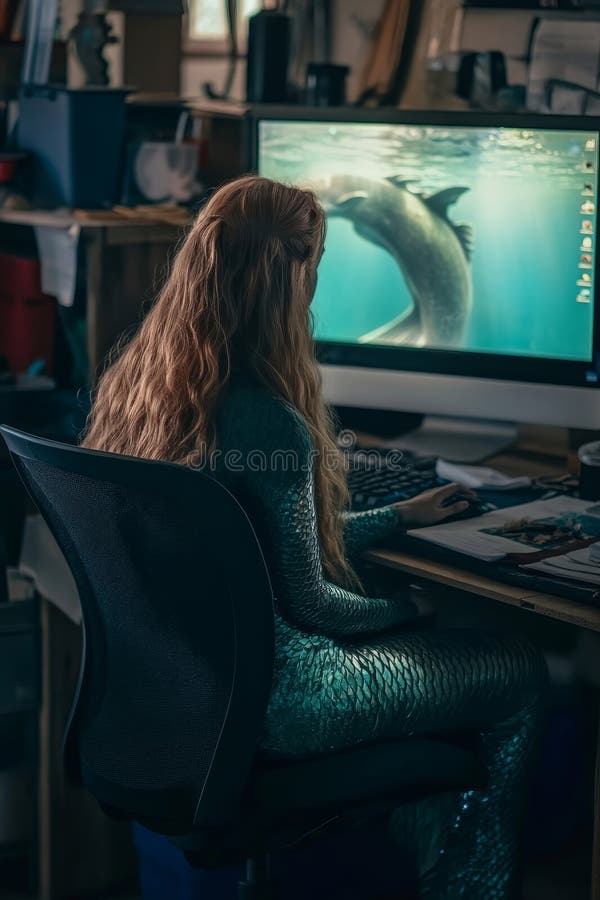 Mermaid Working at Desk in Office, Utilizing Computer for Professional ...