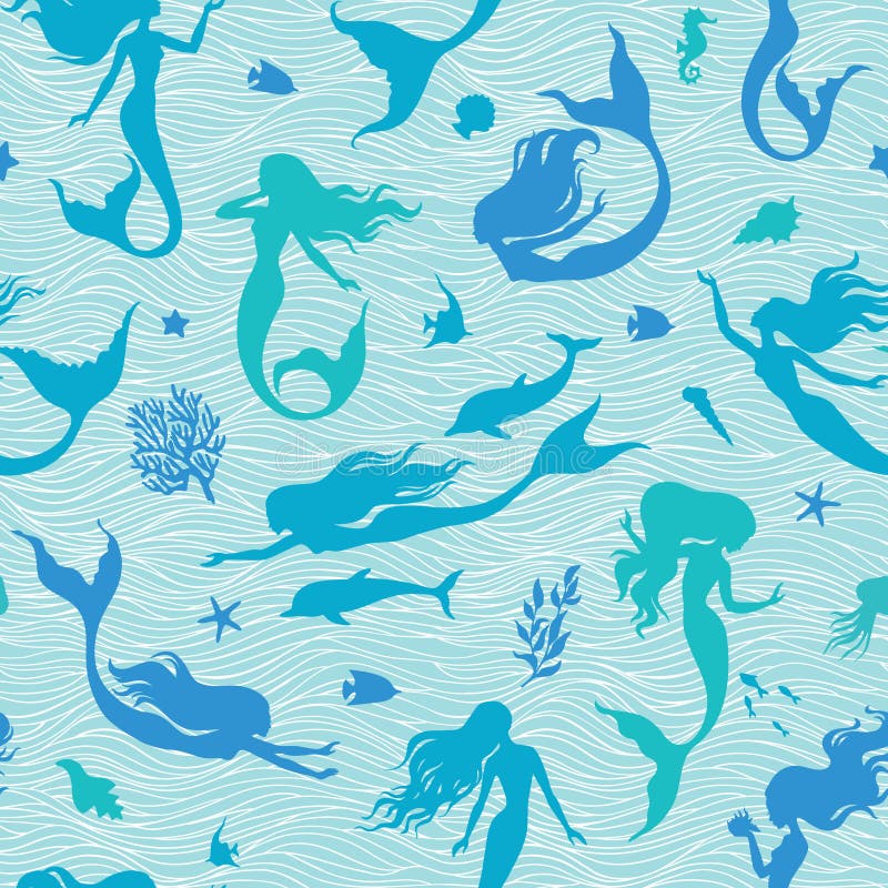 Mermaids Seashells Fihes Dolfins And Seaweeds Silhouette Seamless