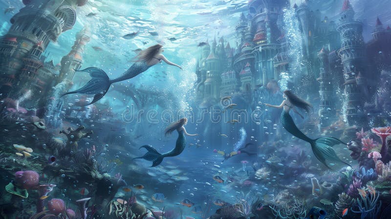Mermaids Swimming in an Underwater City Stock Illustration ...