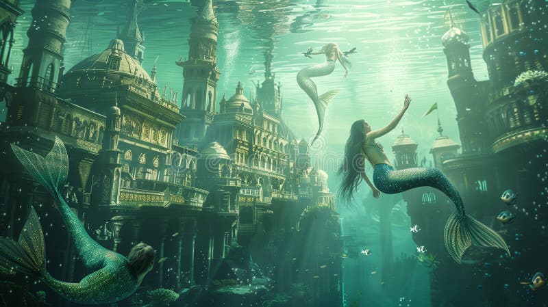 Mermaids Swimming in an Underwater City Stock Illustration ...