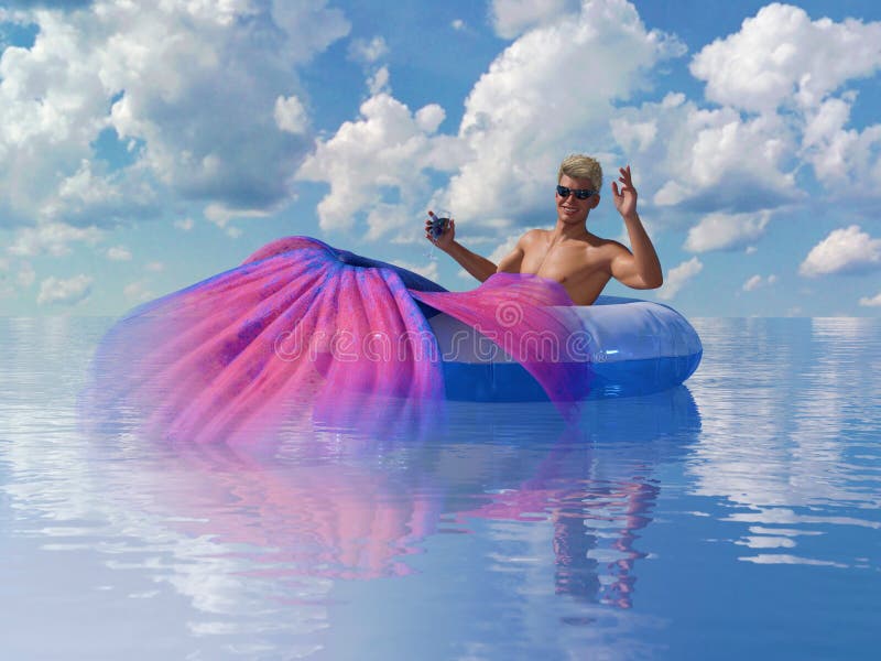 3D Render: a Merman Creature is Lying on the Swim Ring with the Glass ...
