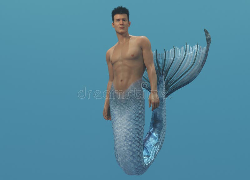 3D Render: a Merman Creature is Lying on the Swim Ring with the Glass ...