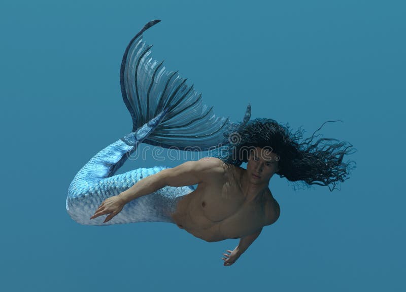 3D Render : a Merman Creature is Swimming in the Deep Blue Sea Stock ...