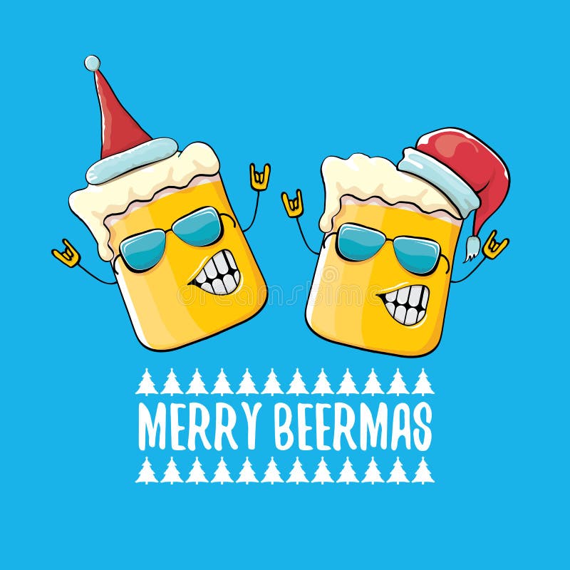 Merry Beermas Vector Comic Christmas Greeting Card With Beer Glass