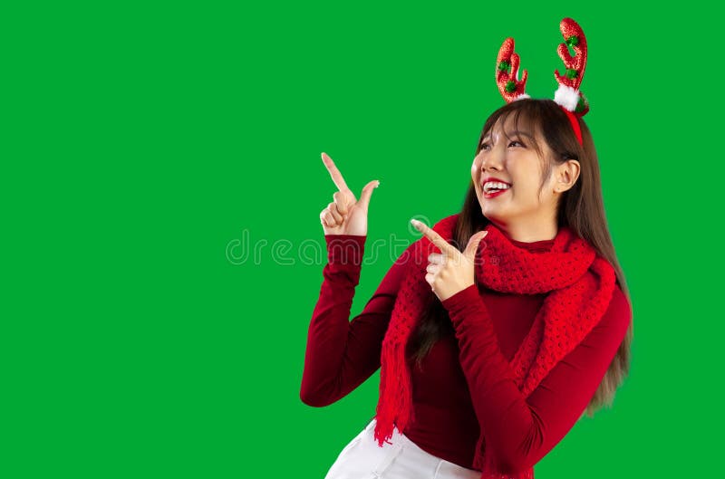 Merry Christmas Young Asian Woman Long Hair Style In Red Long Sleeve T