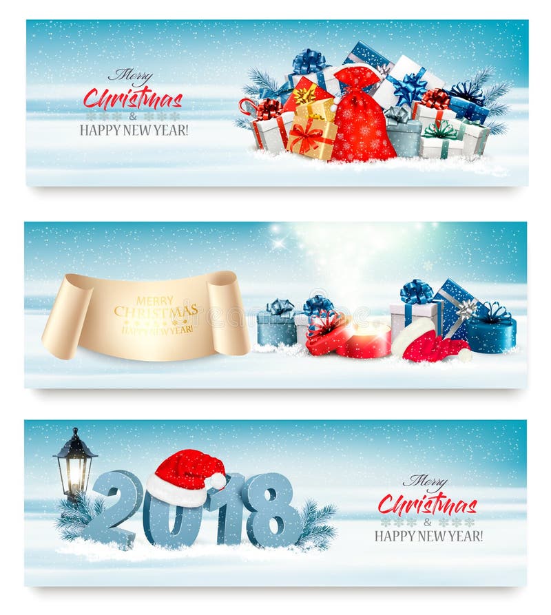Merry Christmas Banners with Magic Box and Presents. Stock Vector ...