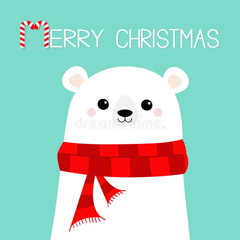 Merry Christmas Candy Cane Polar White Bear Cub Head Face Wearing Red