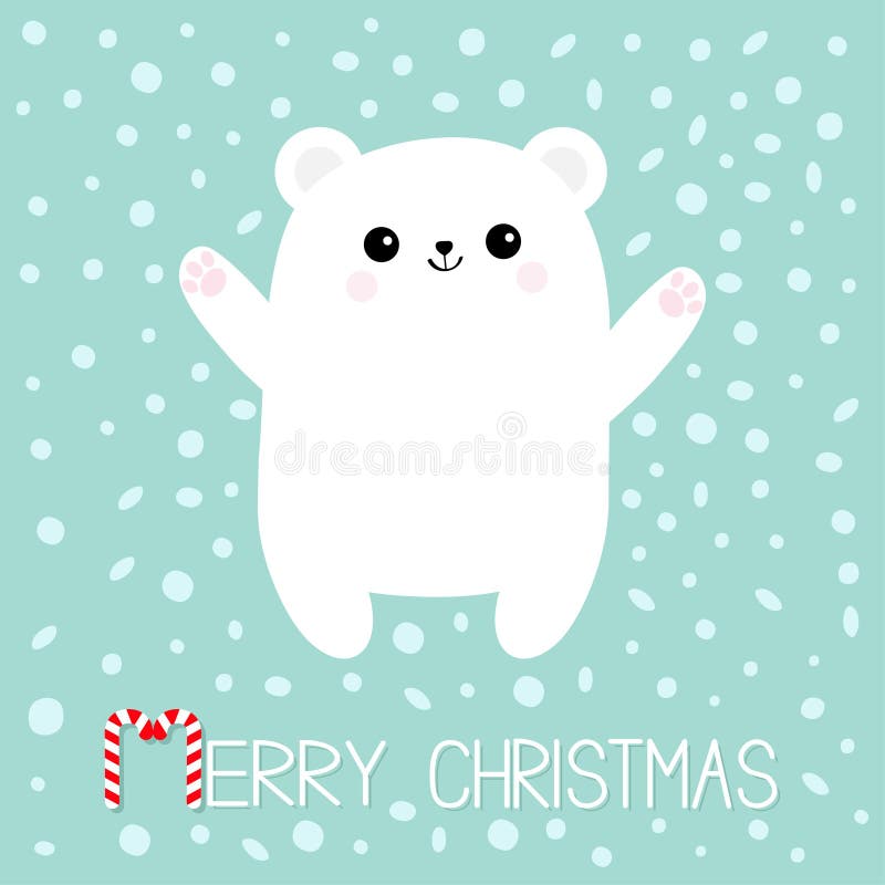 Merry Christmas Candy Cane Text Polar White Bear Cub Reaching For A