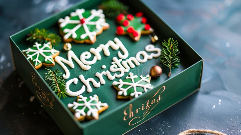 Merry Christmas Cookies in a Green Box Stock Image - Image of frosting ...