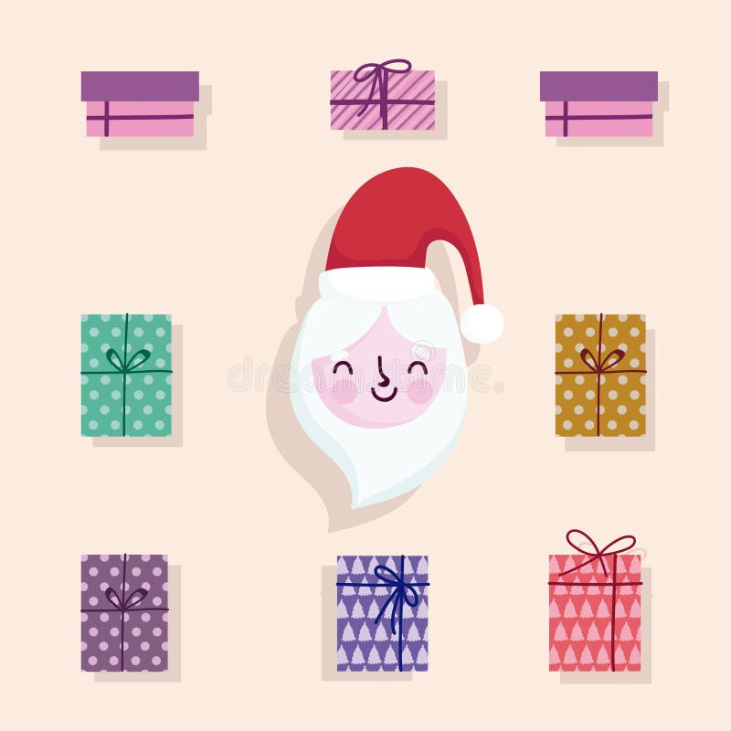 Merry Christmas Cute Santa Face and Gift Boxes Decoration Stock Vector ...