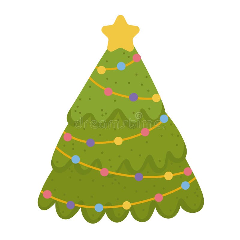 Merry Christmas Cute Tree with Star and Lights Cartoon Icon Stock ...