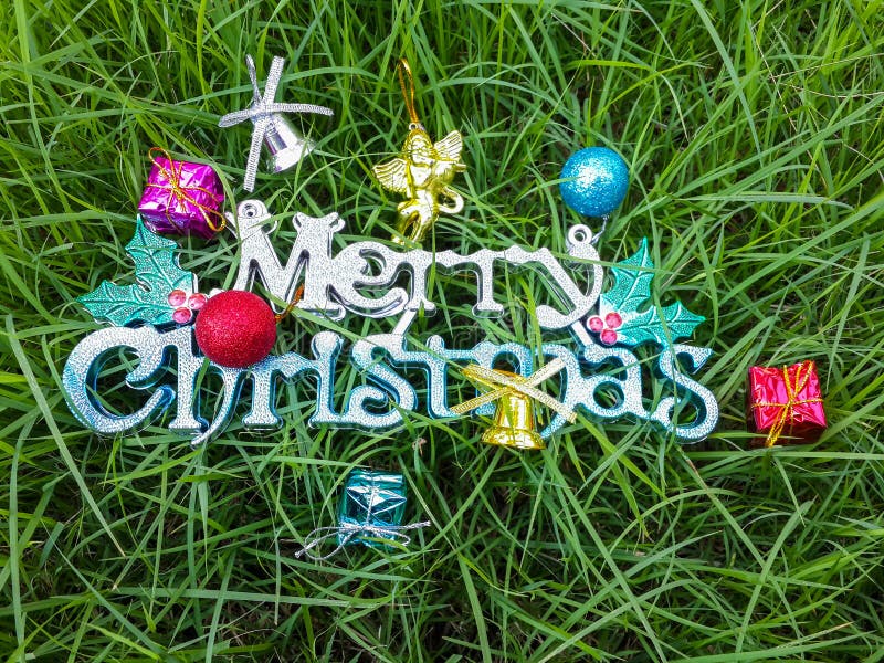 Merry Christmas Decorative on Green Grass Stock Photo - Image of white ...