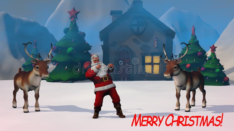 Merry Christmas Deer and Santa Clauses. 3D Rendering. Stock ...