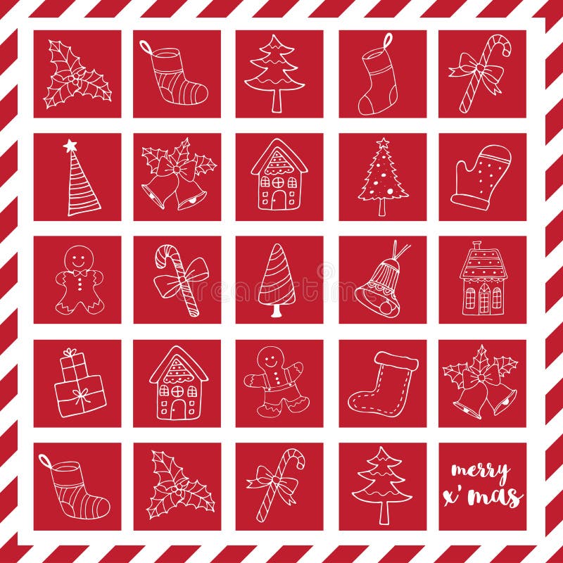 Merry Christmas Doodle Icons Elements in Red Box Stock Vector ...