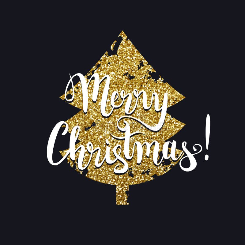 Merry Christmas Gold Glitter Tree and Calligraphic Text, Vector Stock ...