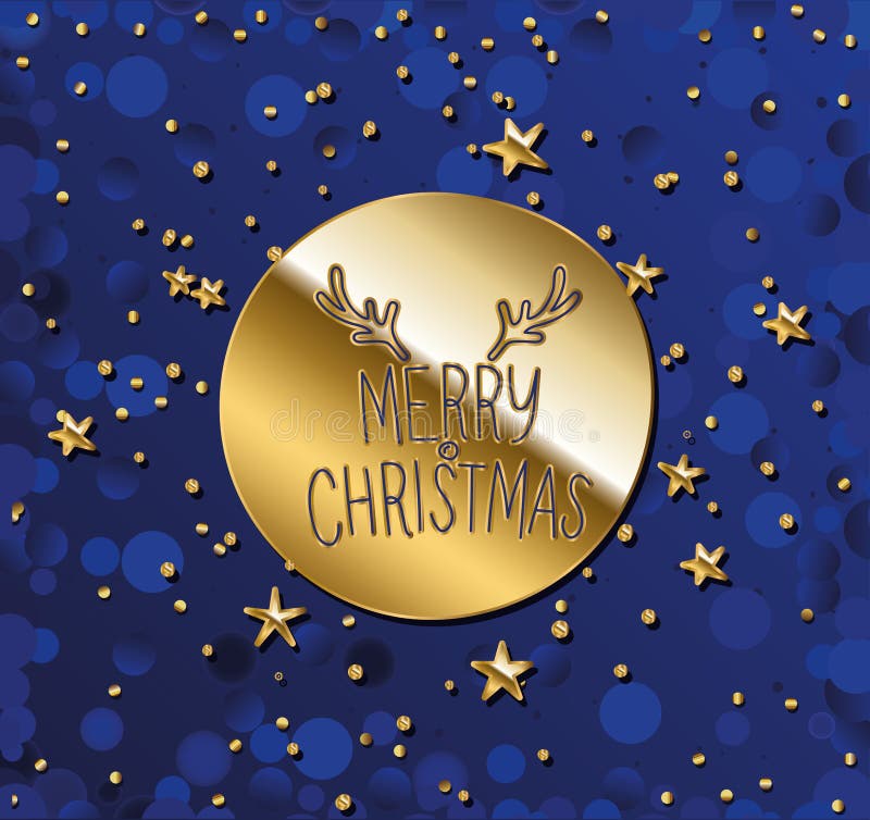 Merry Christmas In Gold Lettering On Golden Circle And Blue Background