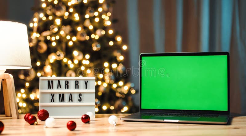 Merry Christmas with Green Screen Computer and Tree Stock Image - Image ...