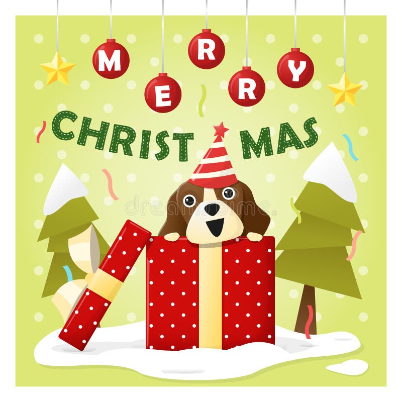 Merry Christmas Greeting Card with Dog Inside Gift Box Stock Vector ...