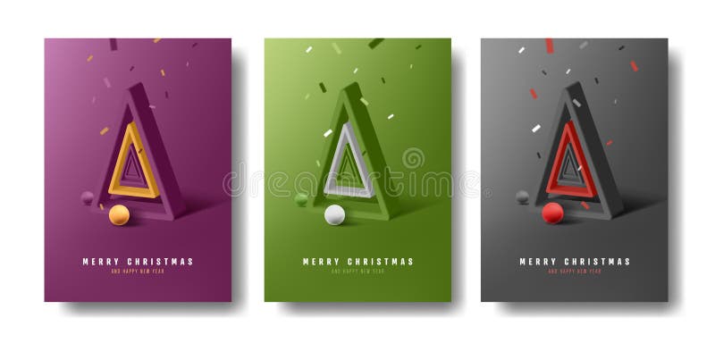 Merry Christmas Greeting Card Templates Set with Stylized Triangle ...