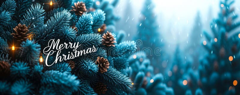 Merry Christmas Greeting in Elegant White Script Over a Lush Green Pine ...