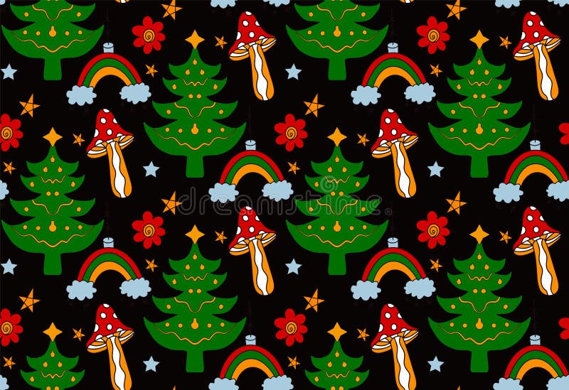 Merry Christmas Groove Seamless Pattern 70s Style. Psychedelic Hippie ...