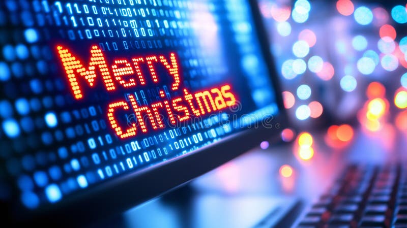 Merry Christmas Illuminated on a Futuristic Computer Screen with Binary ...
