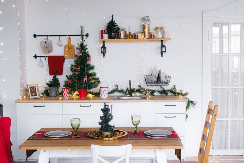 Merry Christmas Interior White Kitchen with Christmas Decor, Xmas Stock ...