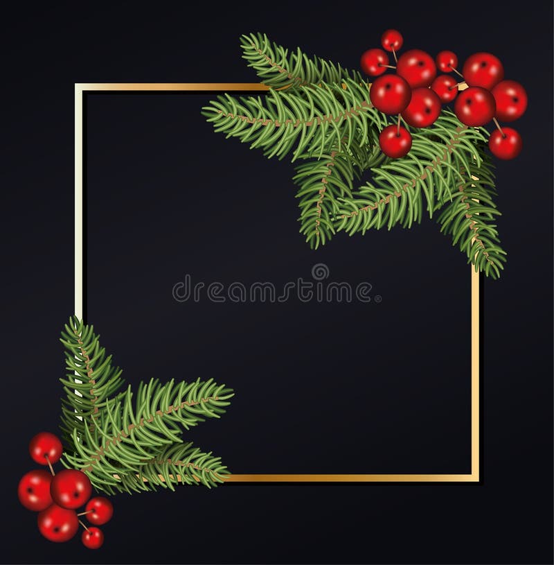 Merry Christmas Leafs with Cherries in Golden Frame Stock Vector ...