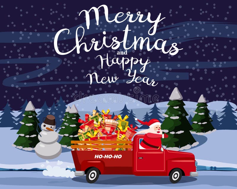 Merry Christmas Poster Santa Claus Drives an Old Retro Car, Truck Stock ... Merry Christmas Poster Santa Claus Drives an Old Retro Car, Truck Stock ...